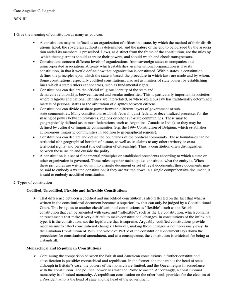 Types and Classifications of Constitutions | PDF | United States ...