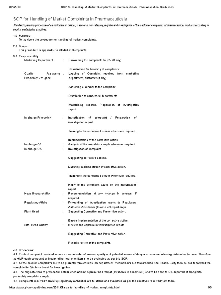 SOP For Handling of Market Complaints in Pharmaceuticals ...