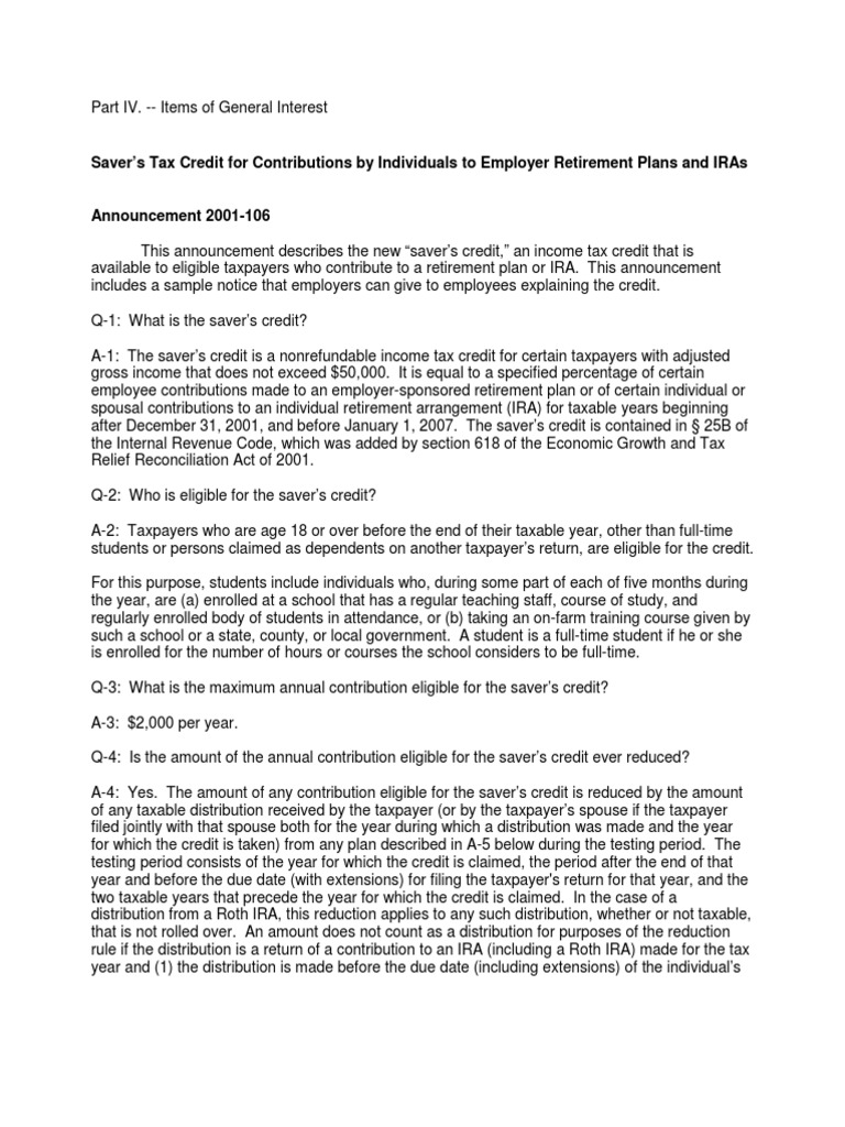 Saver'S Tax Credit For Contributions by Individuals To Employer ...