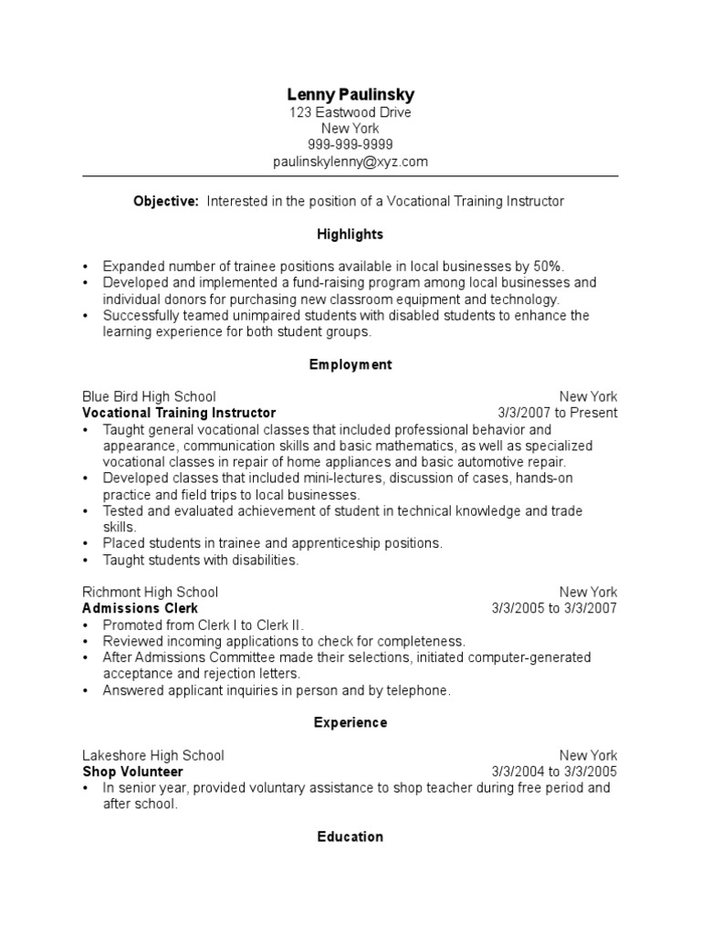 Vocational Training Instructor Resume Sample 1 | PDF | Vocational ...