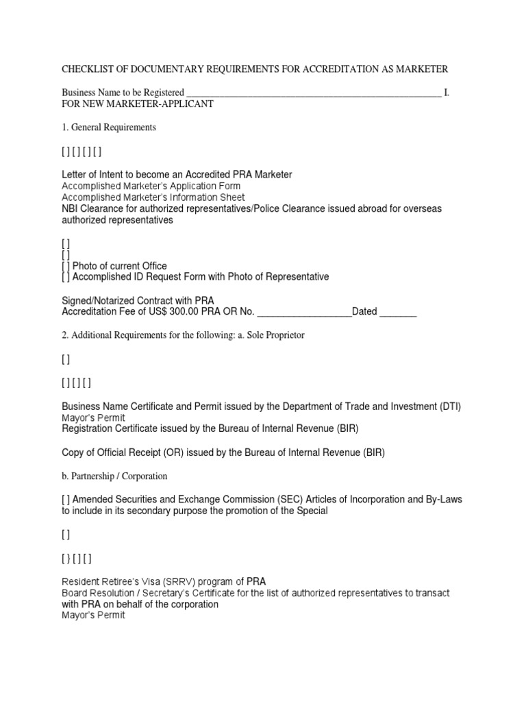 Checklist of Documentary Requirements For Accreditation As Marketer ...