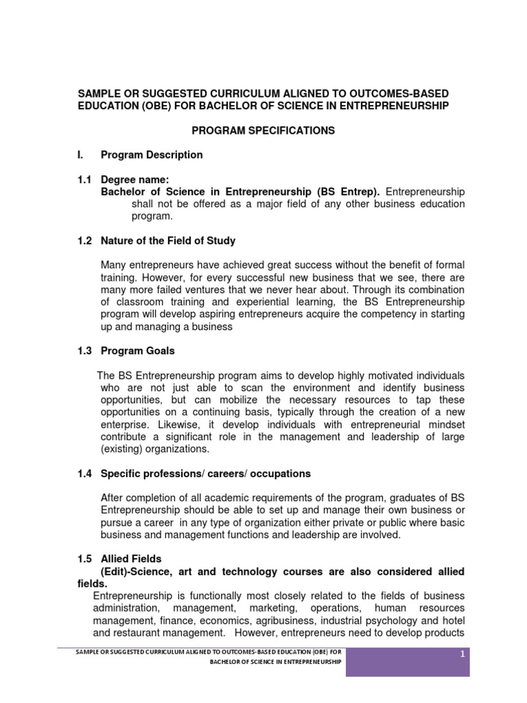 Sample Curricula Bachelor of Science in Entrepreneurship | PDF ...