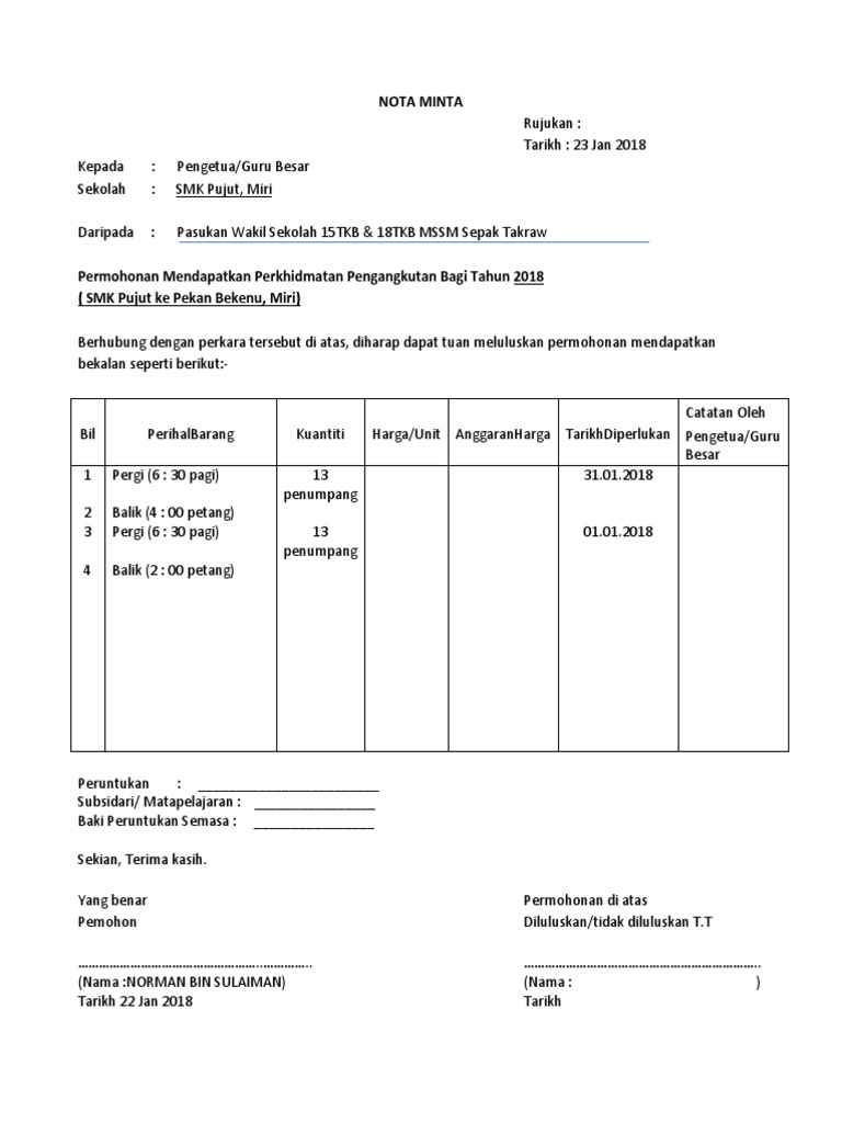 Contoh Nota Minta Pengangkutan | PDF
