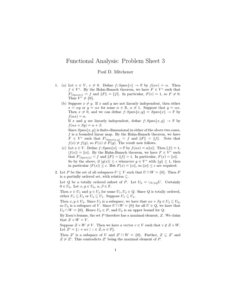 Functional Analysis: Problem Sheet 3: Paul D. Mitchener | PDF ...