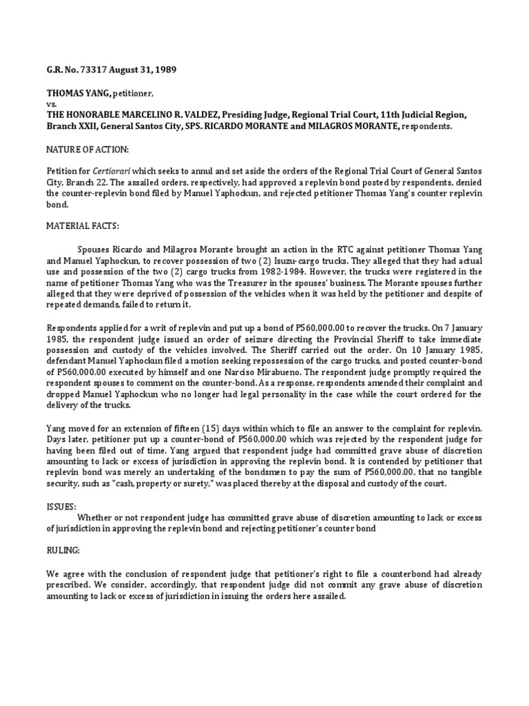 Replevin Bond Ruling in Yang Case | PDF | Bail | Virtue