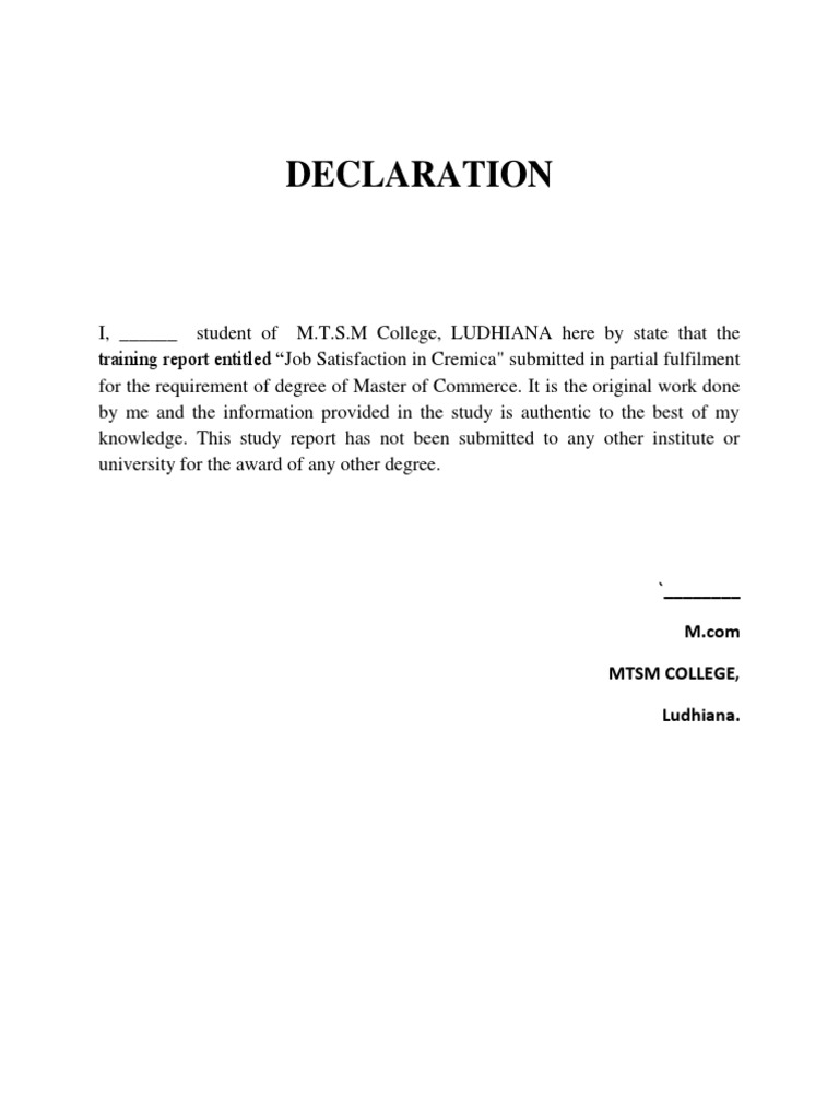 Declaration: ' - MTSM College, Ludhiana | PDF