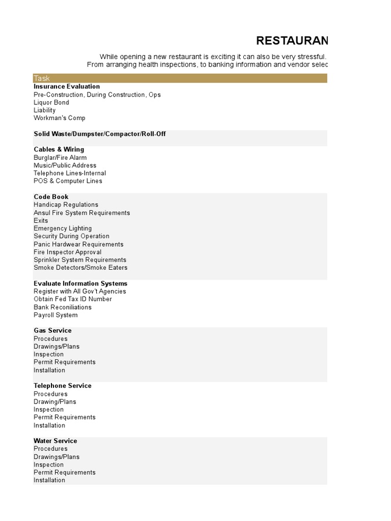 Restaurant Pre Opening Checklist | PDF | Menu | Restaurants