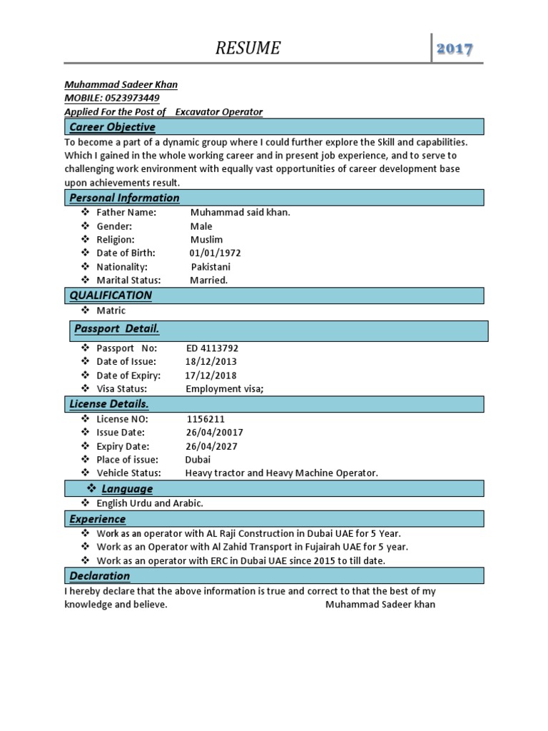 Excavator Operator Resume of Sadeer Khan | PDF