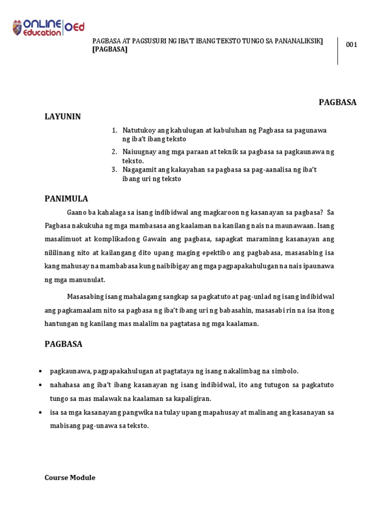 Lesson 1 Pagbasa | PDF