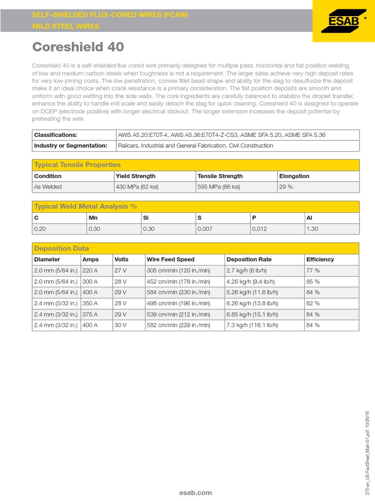 Esab, Coreshield 40 (275-En - US-FactSheet - Main-01) (26.10.16) | PDF | Volt | Welding