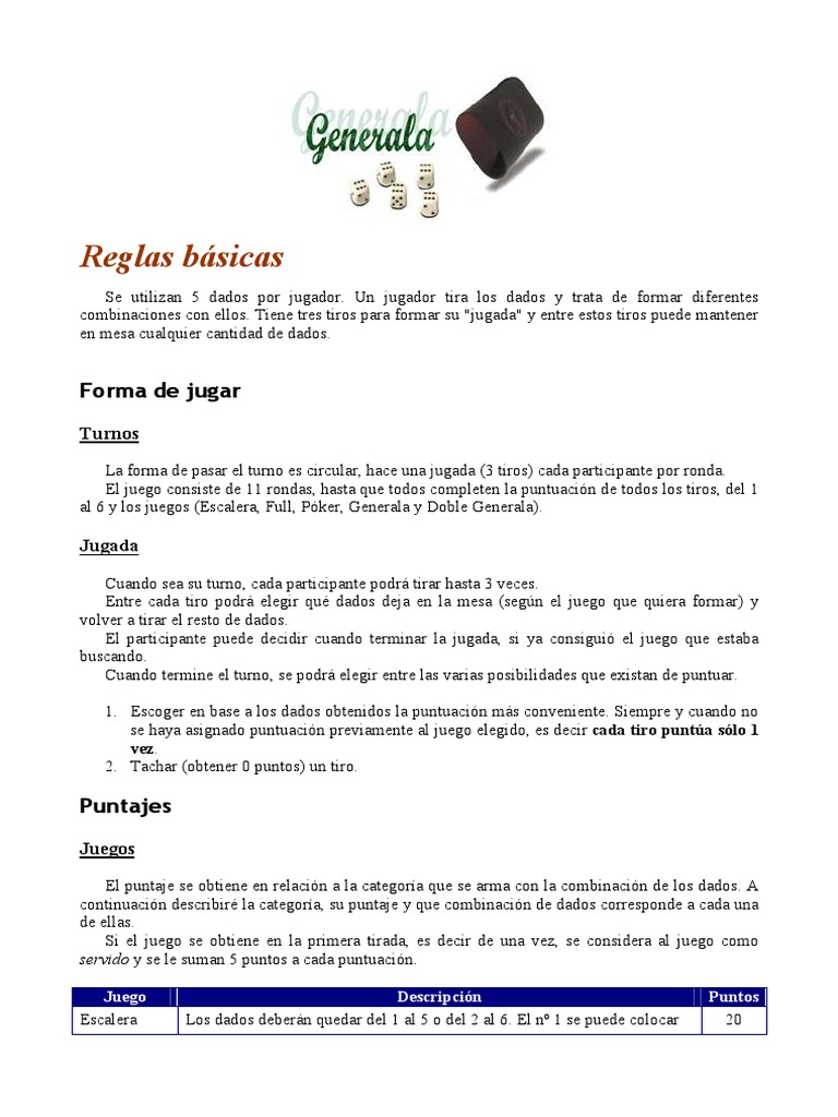 Reglas y puntajes de la Generala | PDF | Juego de azar | Ocio