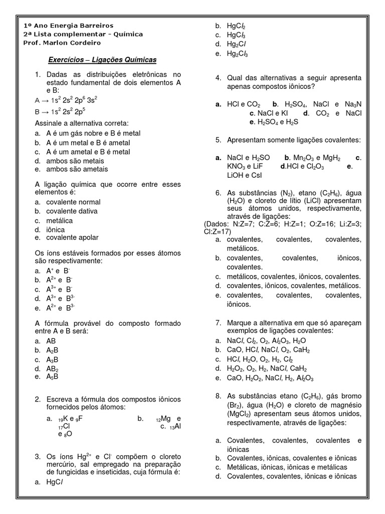 Lista De Compostos Ionicos Lista DE Exercícios 3 TÓPICOS E