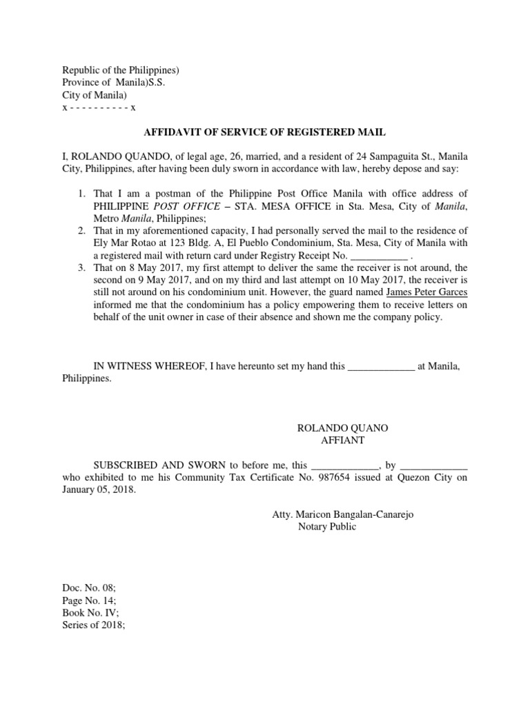 Affidavit of Service Sample | PDF