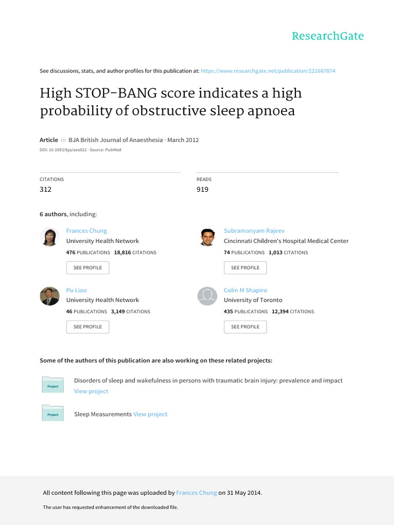 High STOP-BANG Score Indicates A High Probability of Obstructive Sleep ...