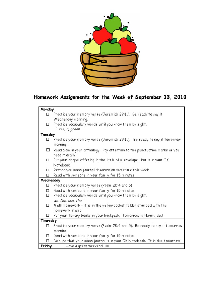 Weekly Homework Assignments: Sept 13, 2010 | PDF