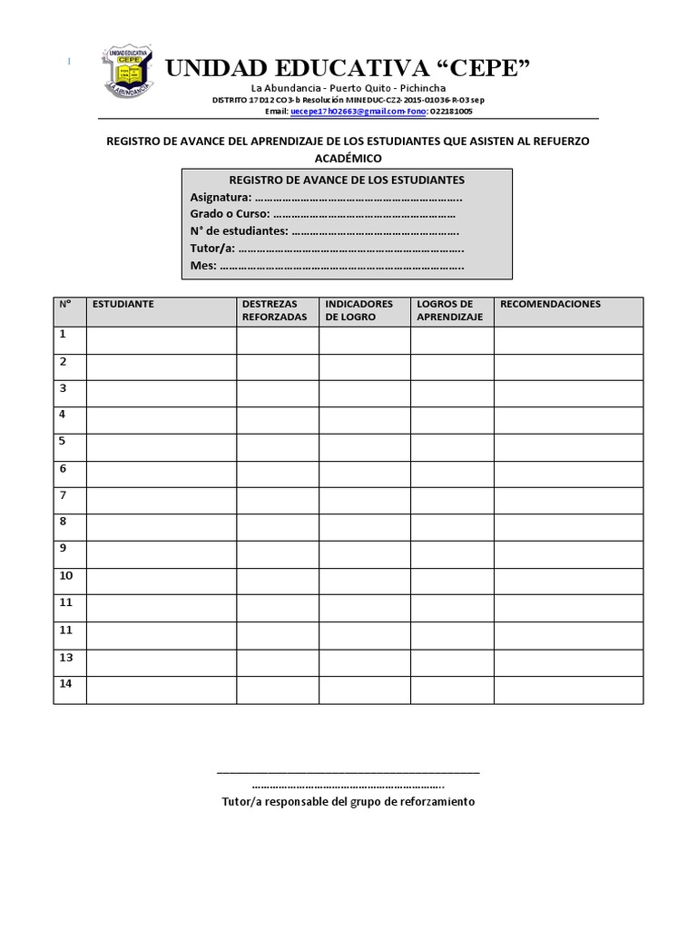 Registro de Avance Del Aprendizaje de Los Estudiantes Que Asisten Al ...