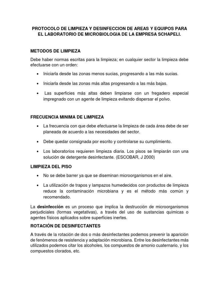 Protocolo de Limpieza y Desinfeccion de Areas y Equipos para El Laboratorio de Microbiologia de ...