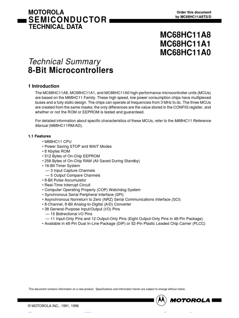 Technical Summary: Semiconductor MC68HC11A8 MC68HC11A1 MC68HC11A0 8-Bit ...