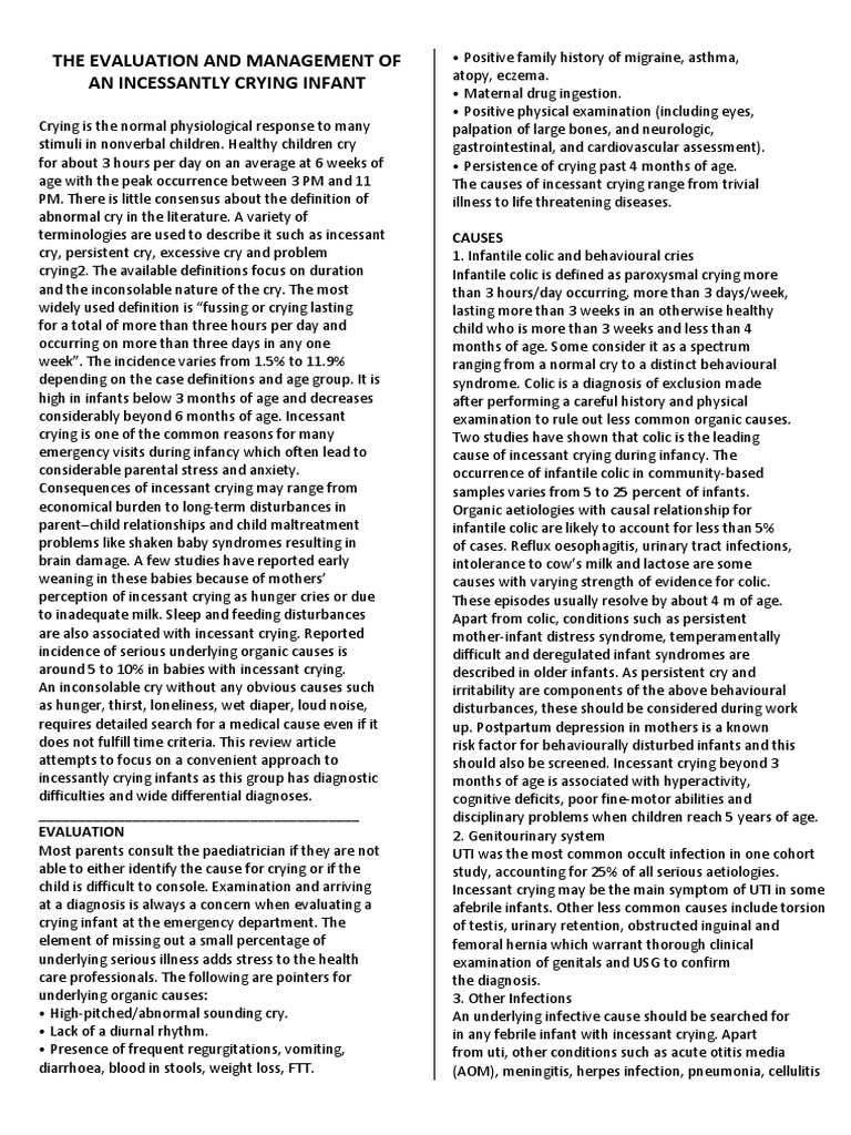 The Evaluation And Management Of An Incessantly Crying Infant Pdf