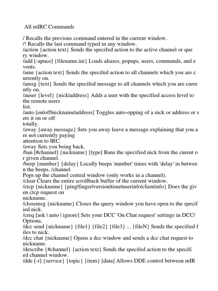 All mIRC Commands | PDF | Internet Relay Chat | Application Layer Protocols