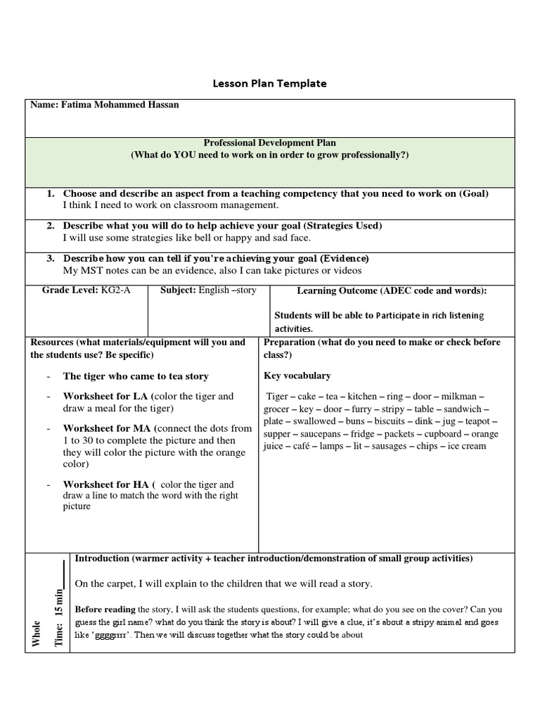 Tiger Story - Lesson Plan | PDF | Lesson Plan | Education Theory
