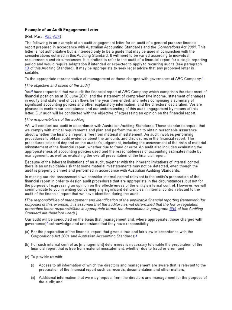 Audit Engagement Letter Example | PDF | Internal Control | Audit