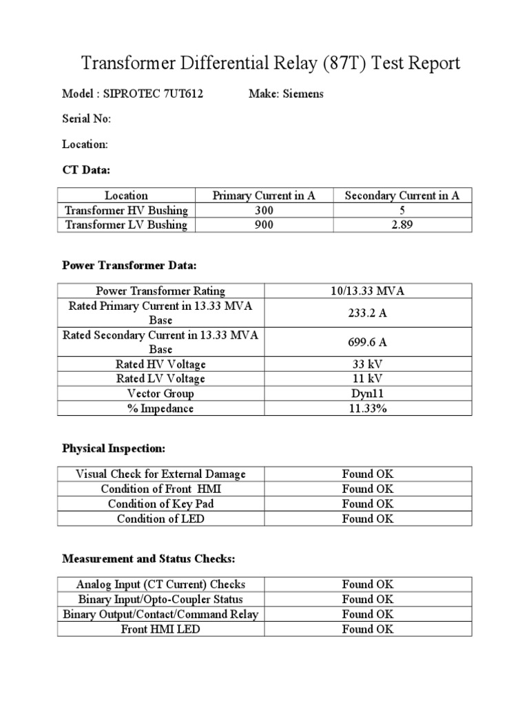 Transformer Differential Relay Test Report | PDF | Transformer | Relay