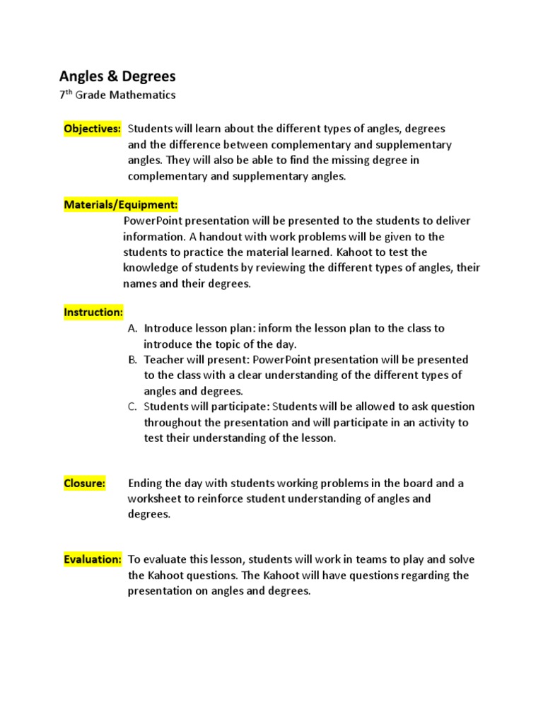 lesson plan- angles and degrees 1