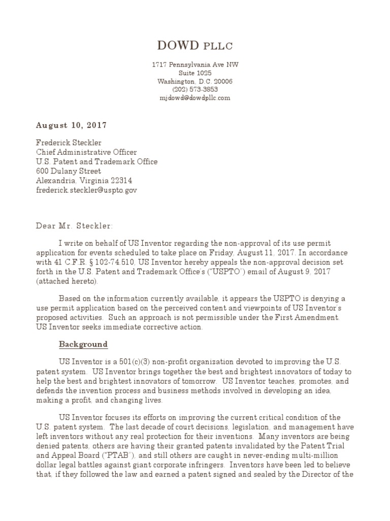 Letter to USPTO August 10 2017 | United States Patent And Trademark ...