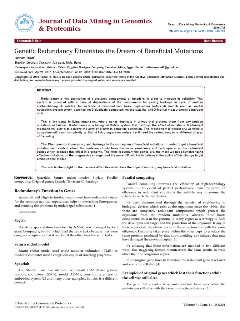 Genetic Redundancy Eliminates The Dream of Beneficial Mutations 2153 ...