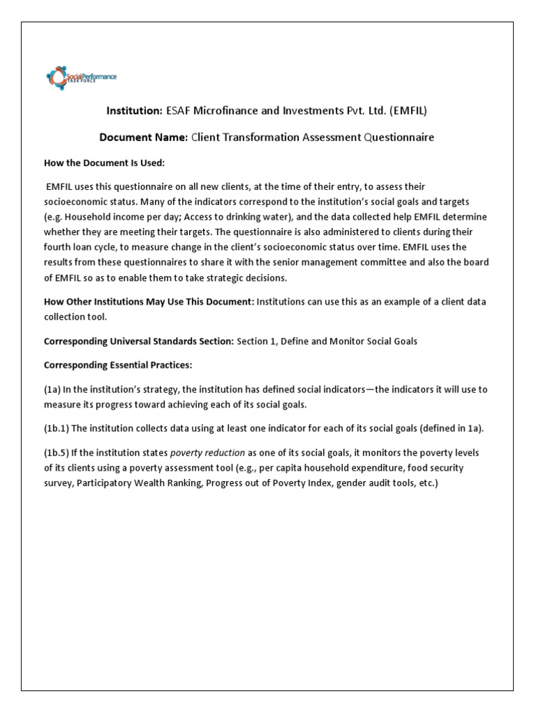SPTF Section 1 - Emfil Client Assessment Questionnaire | PDF | Poverty ...