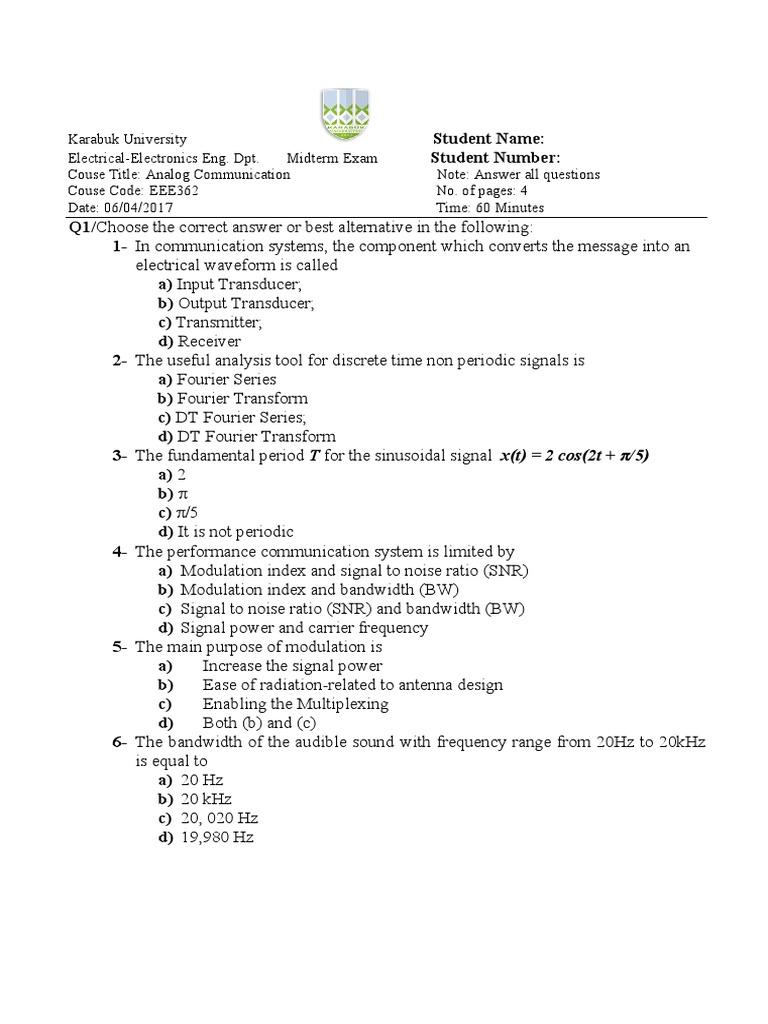 Midterm Exam 2017-Analog Comm | PDF | Bandwidth (Signal Processing) | Hertz