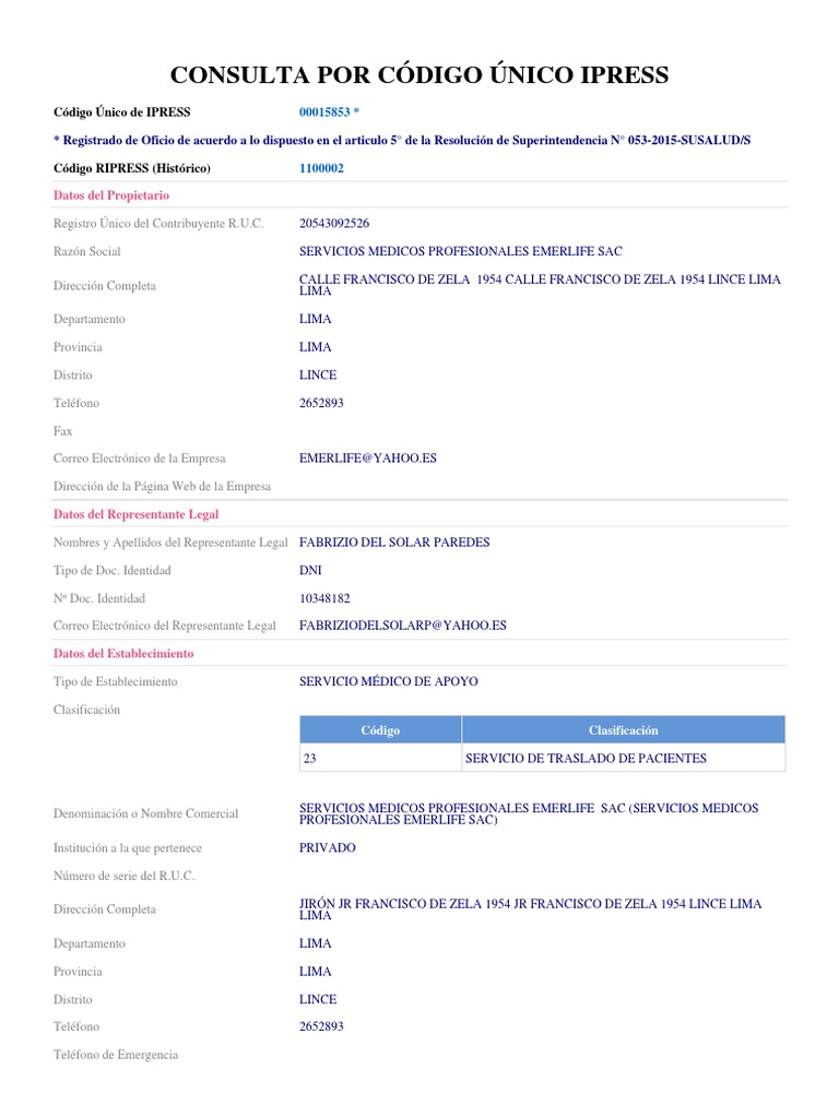 Información de IPRESS Emerlife | PDF | Lima | Correo