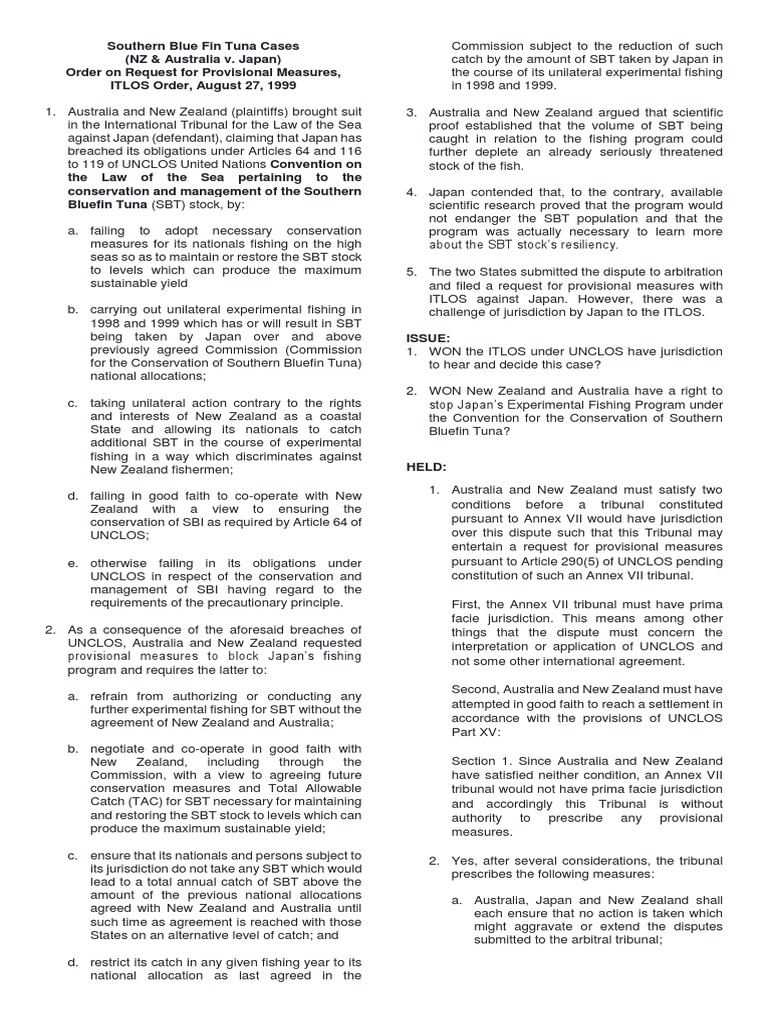 Southern Bluefin Tuna Case Summary | PDF | Tuna | Justice