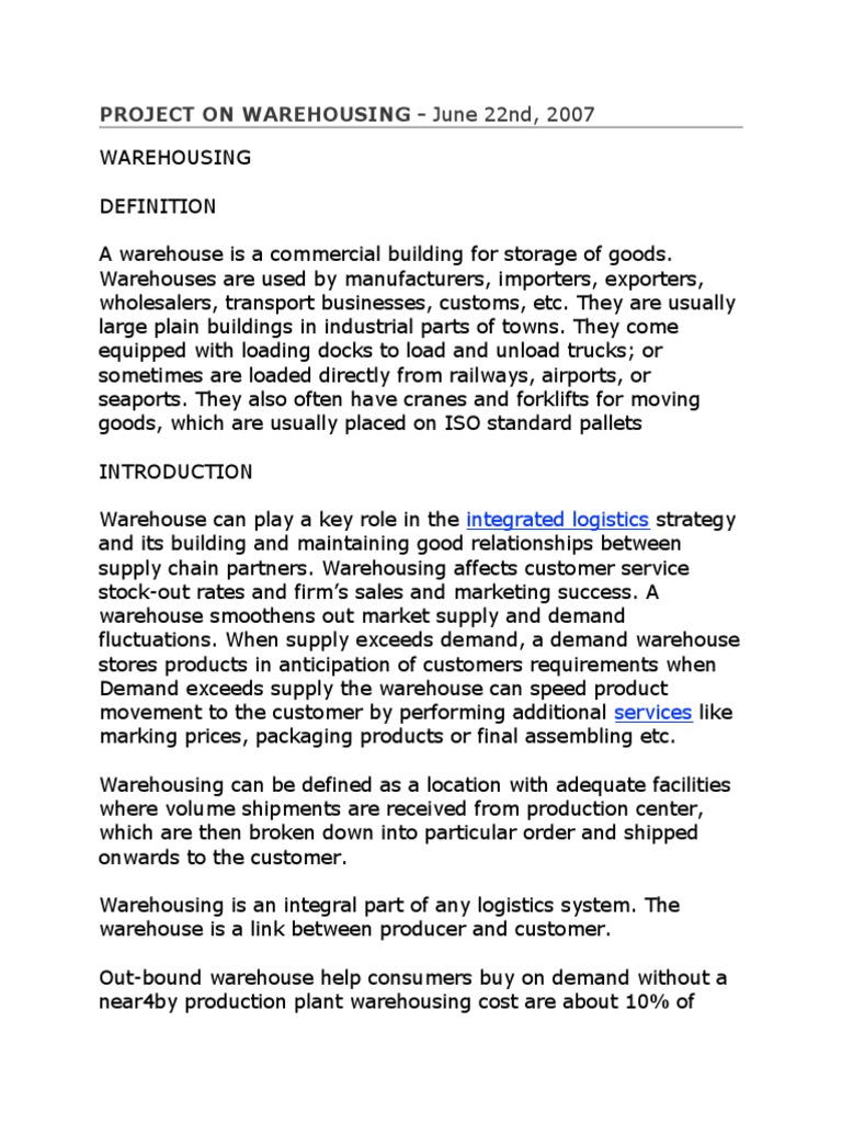 Project On Warehousing | PDF | Warehouse | Inventory