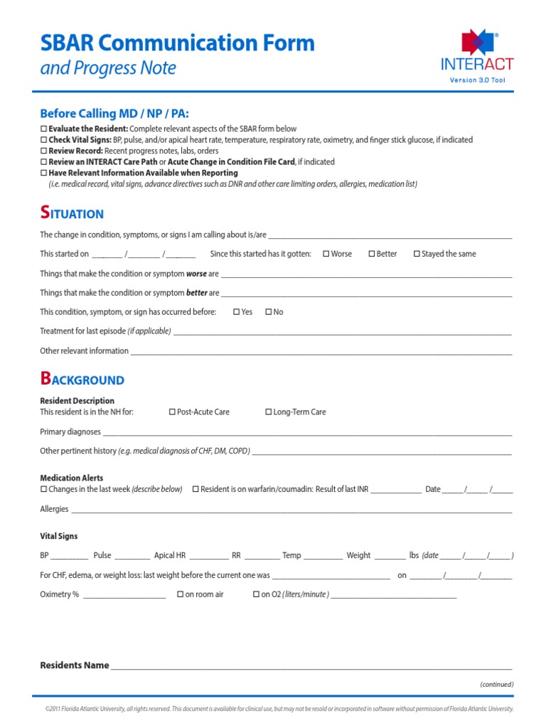 Interact Sbar Form | PDF | Medicine | Clinical Medicine