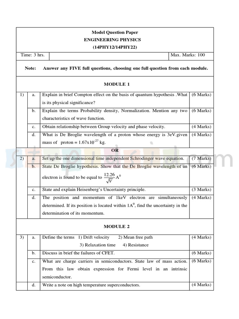 Model Question Paper Engineering Physics (14PHY12/14PHY22) | PDF | Wave Function | Electron