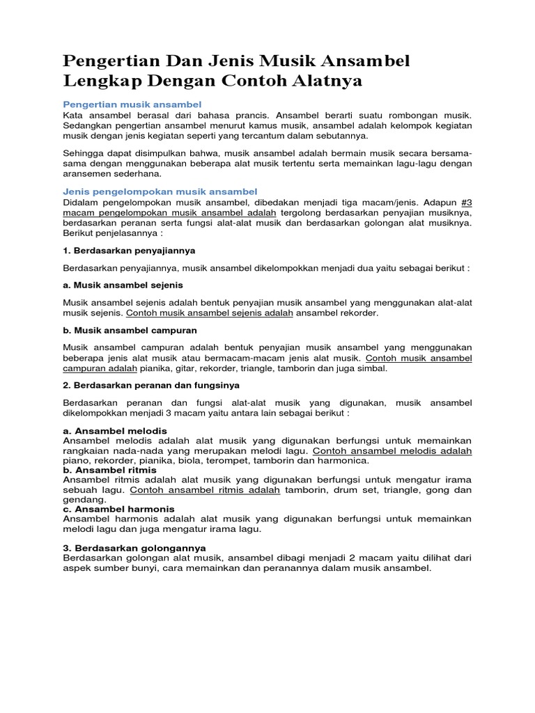 Pengertian Dan Jenis Musik Ansambel Lengkap Dengan Contoh Alatnya | PDF | Puisi