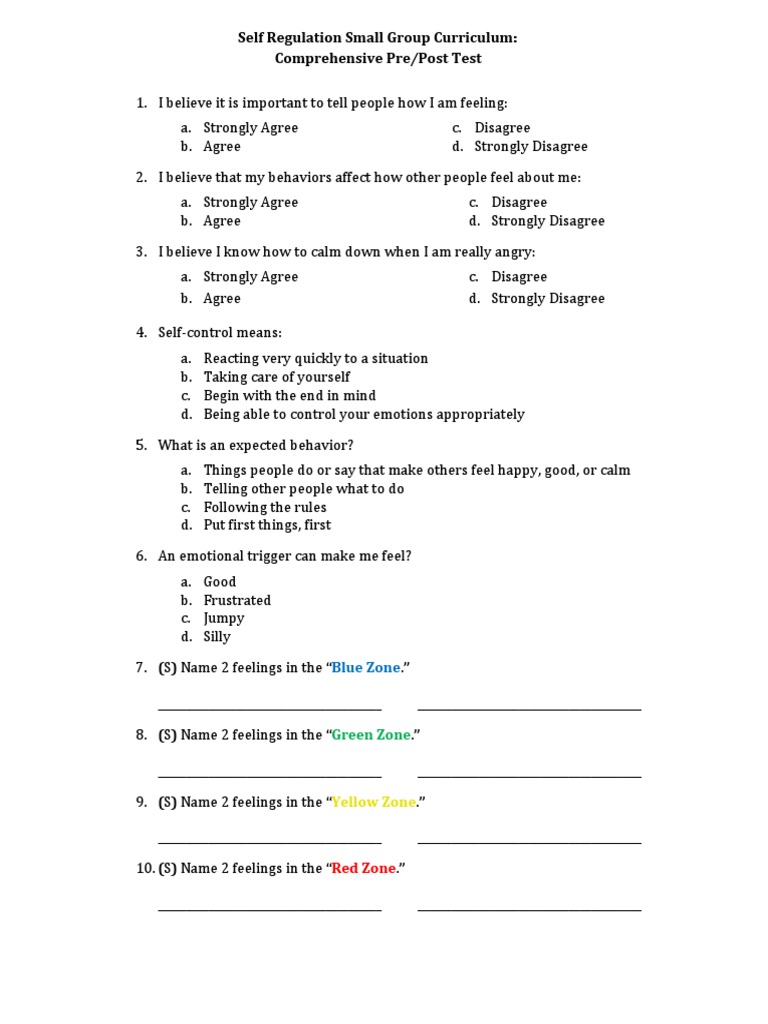 Self Regulation Small Group Curriculum: Comprehensive Pre/Post Test | PDF