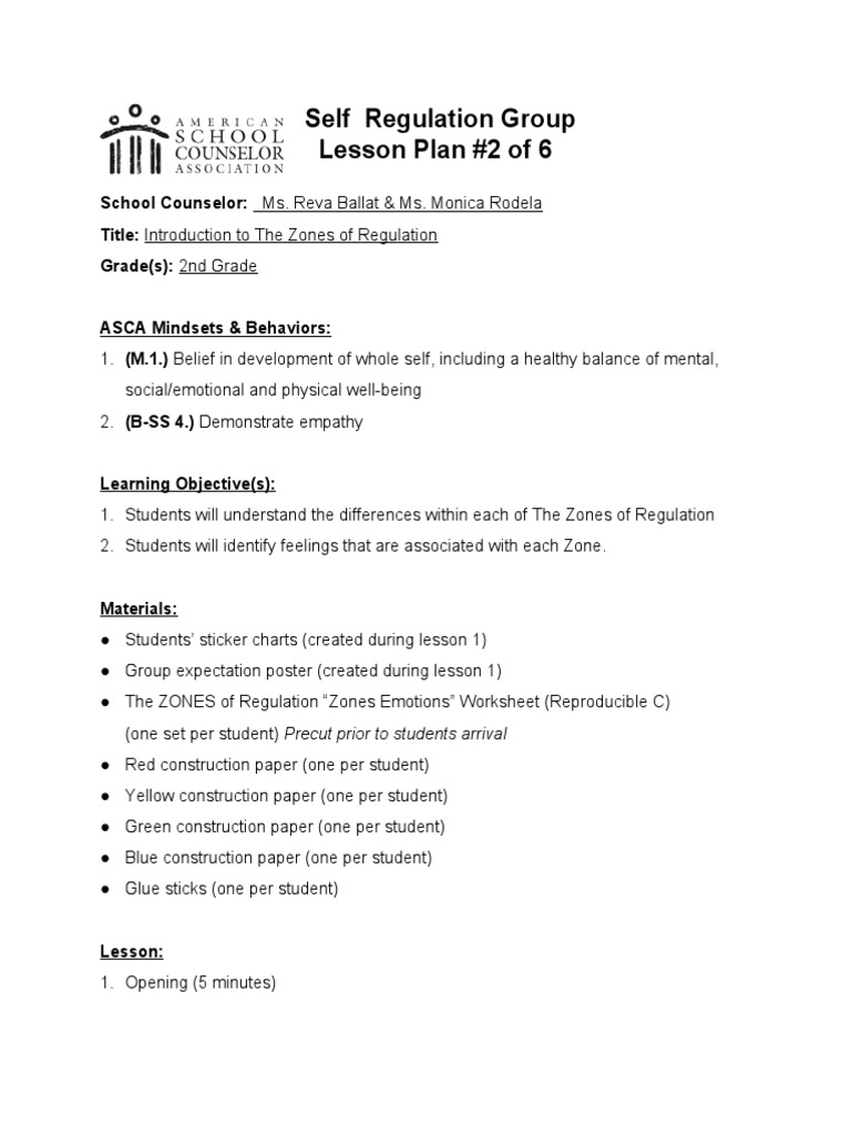 Self Regulation Group Lesson Plan #2 of 6: School Counselor: Title ...