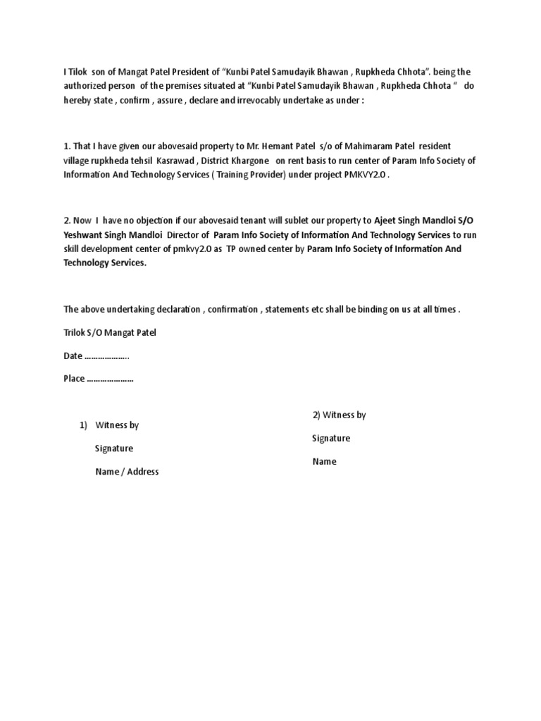 Undertaking Letter For NSDC Final | PDF | Landlord–Tenant Law | Civil ...