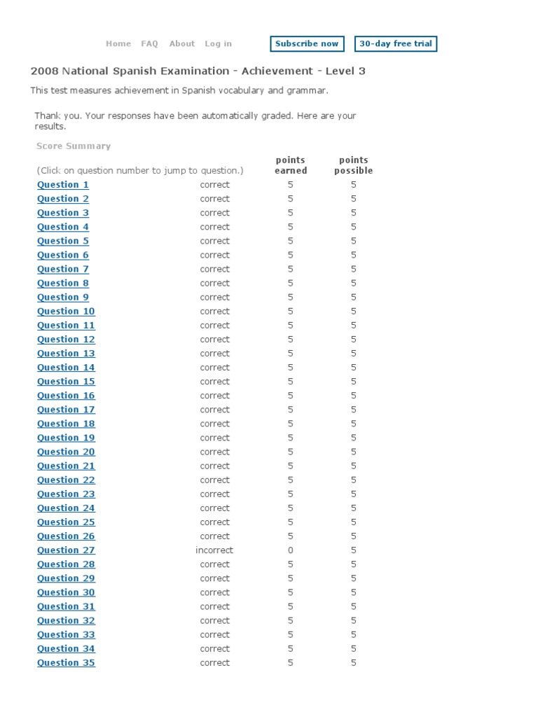 Quia - 2008 National Spanish Examination - Achievement - Level 3 | PDF ...