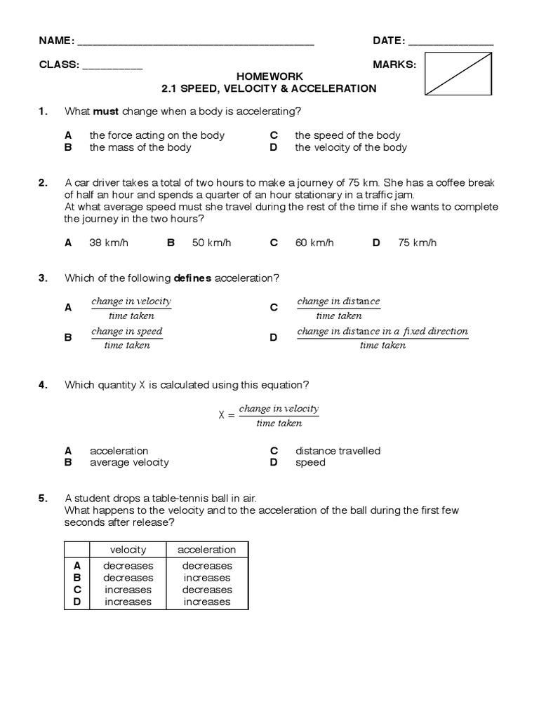 Speed, Velocity & Acceleration Worksheet | PDF | Acceleration | Velocity