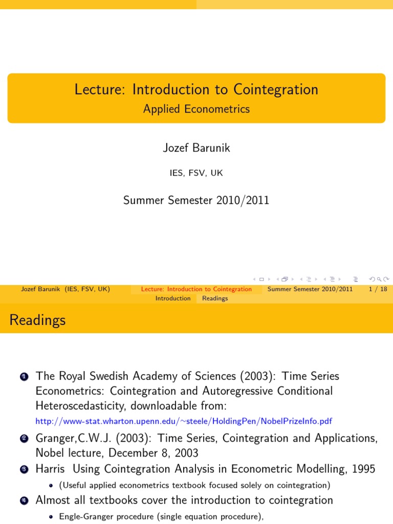 Lecture: Introduction To Cointegration: Applied Econometrics | PDF | Econometrics | Statistical ...