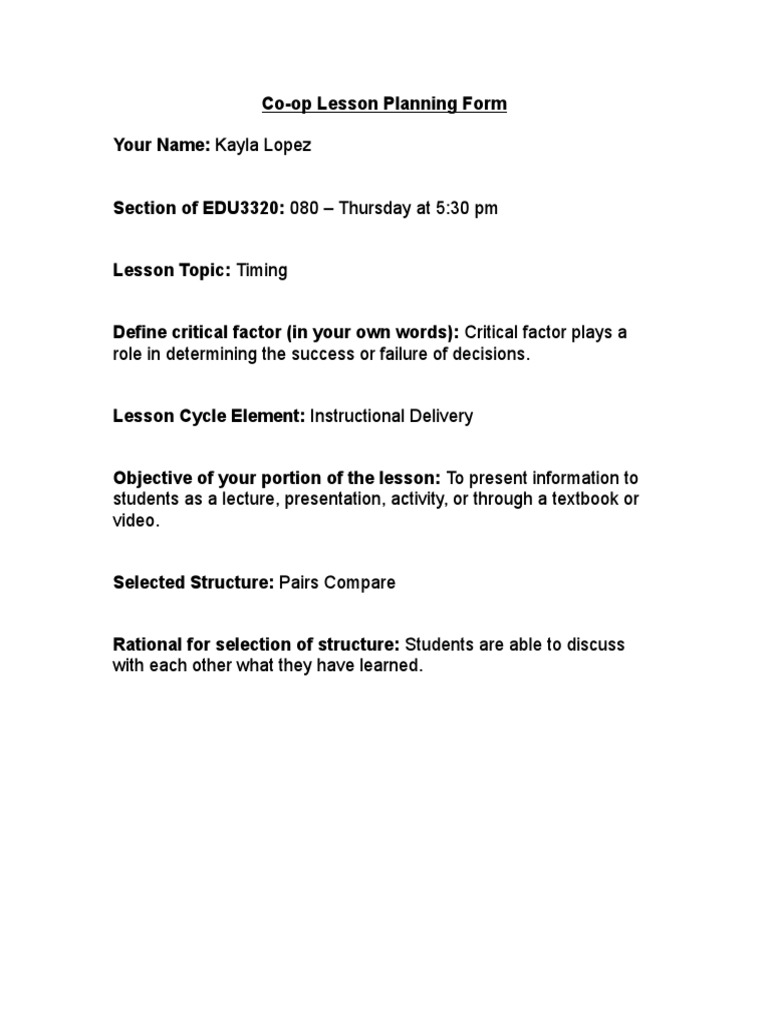 Co-op Lesson Planning for Timing | PDF | Career & Growth | Science ...
