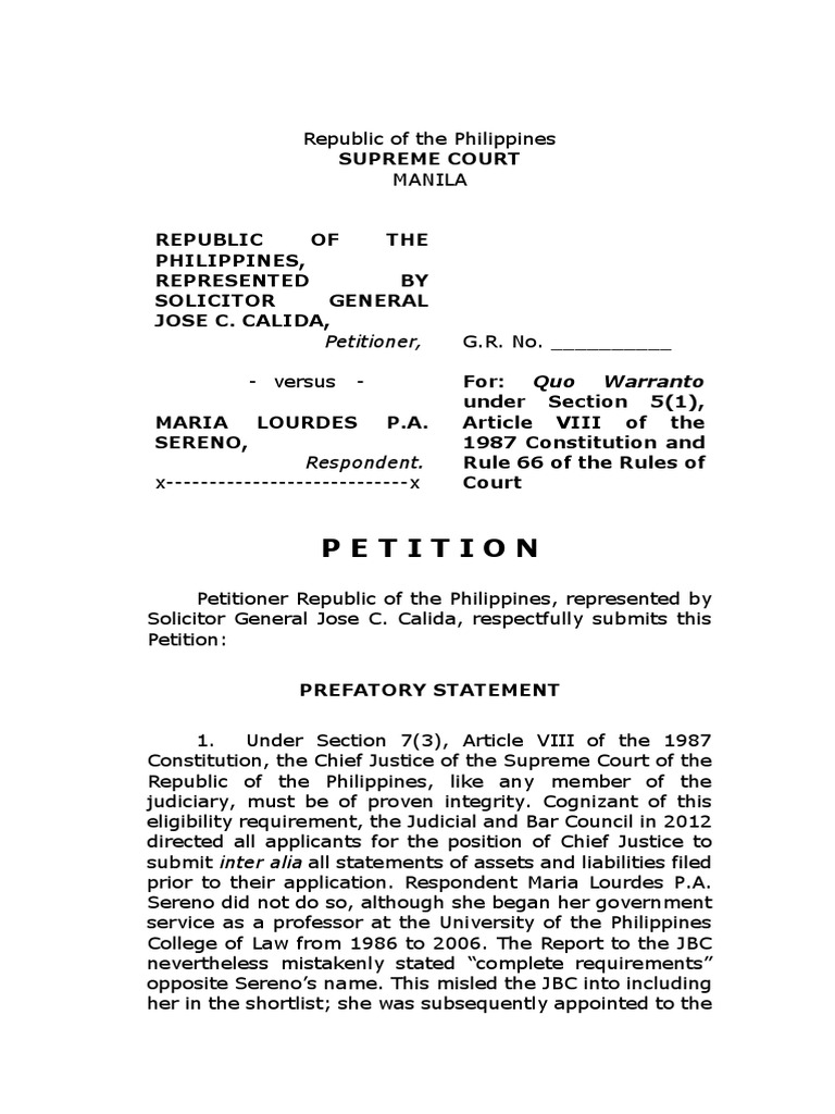 OSG Petition For Quo Warranto Against Sereno | PDF | Judiciaries | Writ