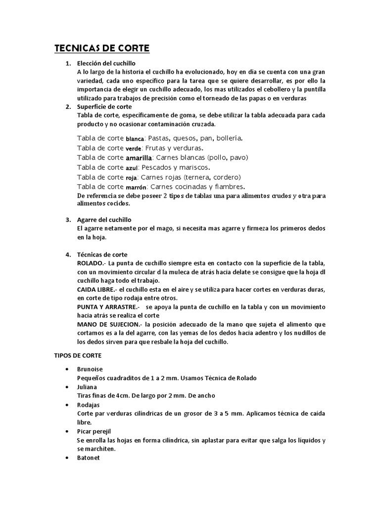 Técnicas y Tipos de Corte en Cocina | PDF | Cuchillo | Carne