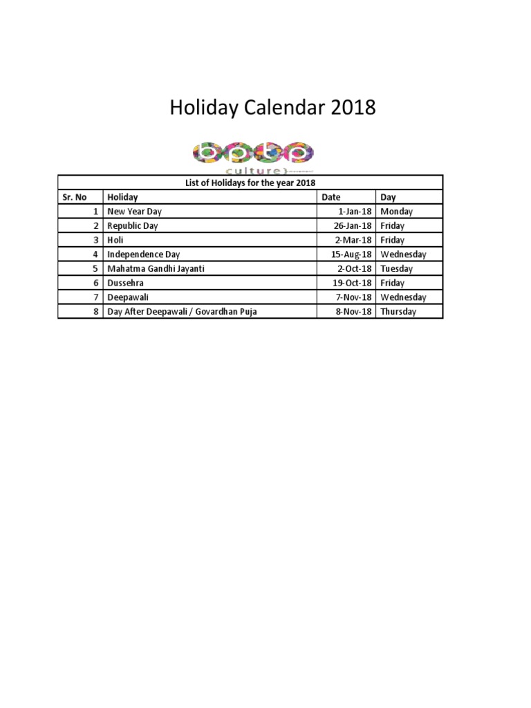 Holiday Calendar 2018 | PDF