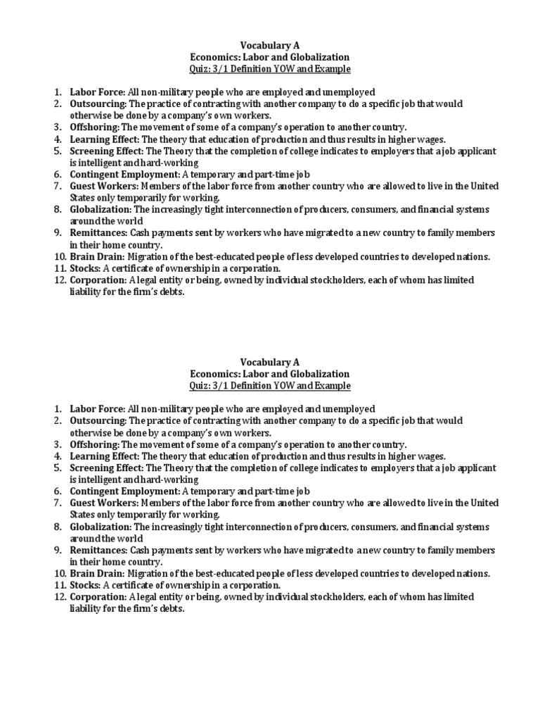 Labor and Globalization Vocabulary Quiz | PDF | Labour Economics ...
