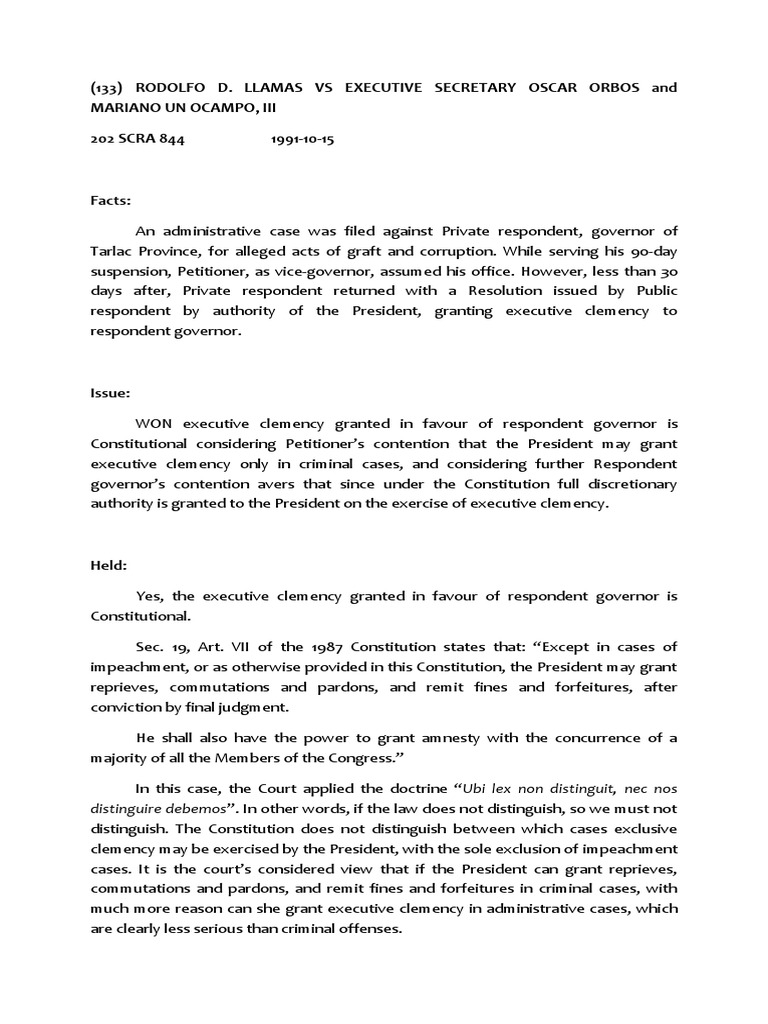 Rodolfo D. Llamas Vs Executive Secretary Oscar Orbos and Mariano Un ...